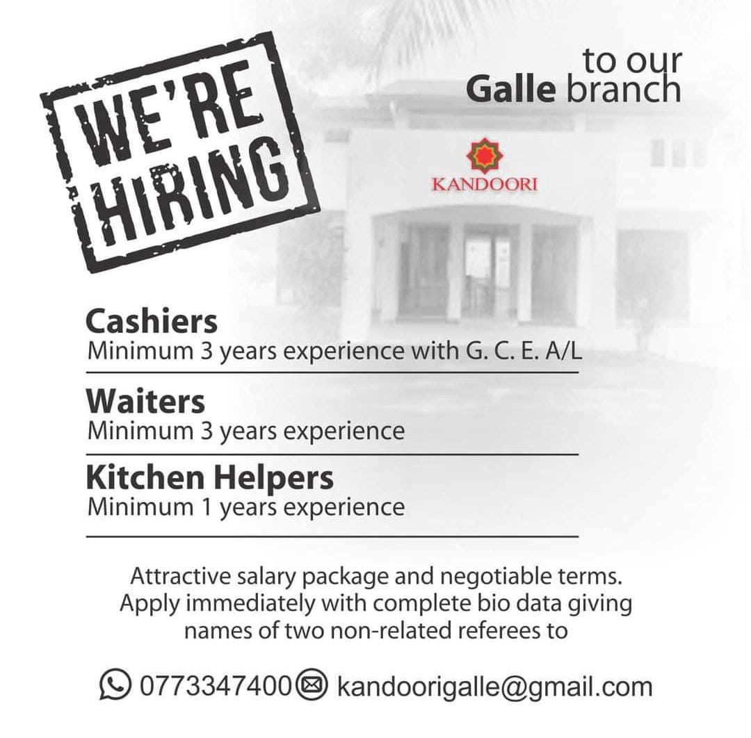 Cashier | Waiter |Kitchen Helper - Jobseeker.lk