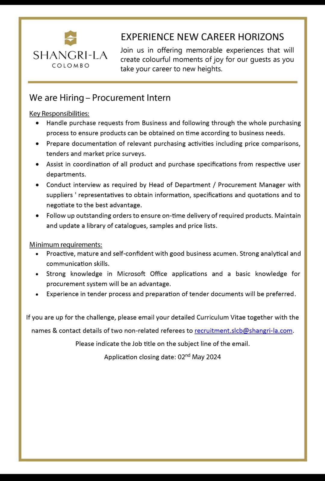 Procurement Intern - Jobseeker.lk