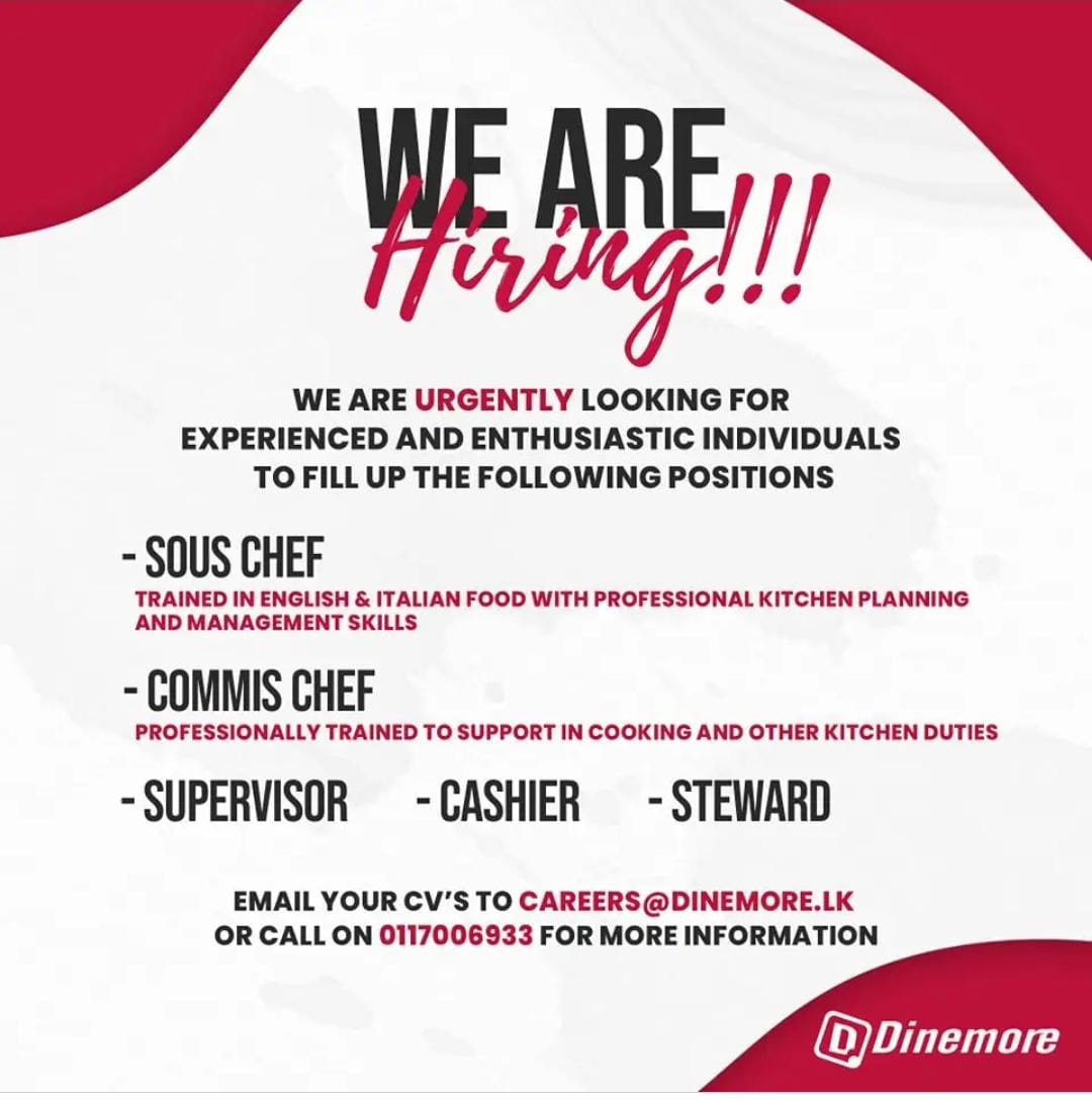 Chef | Supervisor | Cashier | Steward - Jobseeker.lk