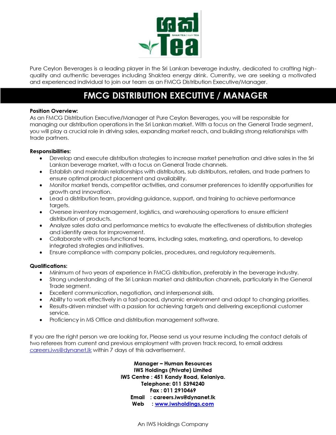 FMCG Distribution Executive/ Manager - Jobseeker.lk