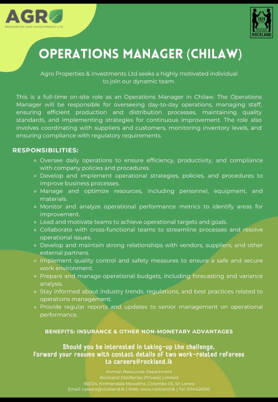 Project / Operations Manager - Chilaw - Jobseeker.lk