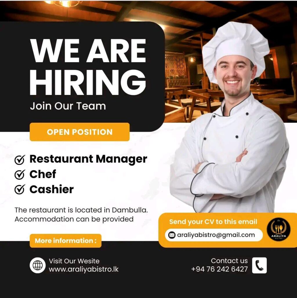 Restaurant Manager| Chef | Cashier - Jobseeker.lk