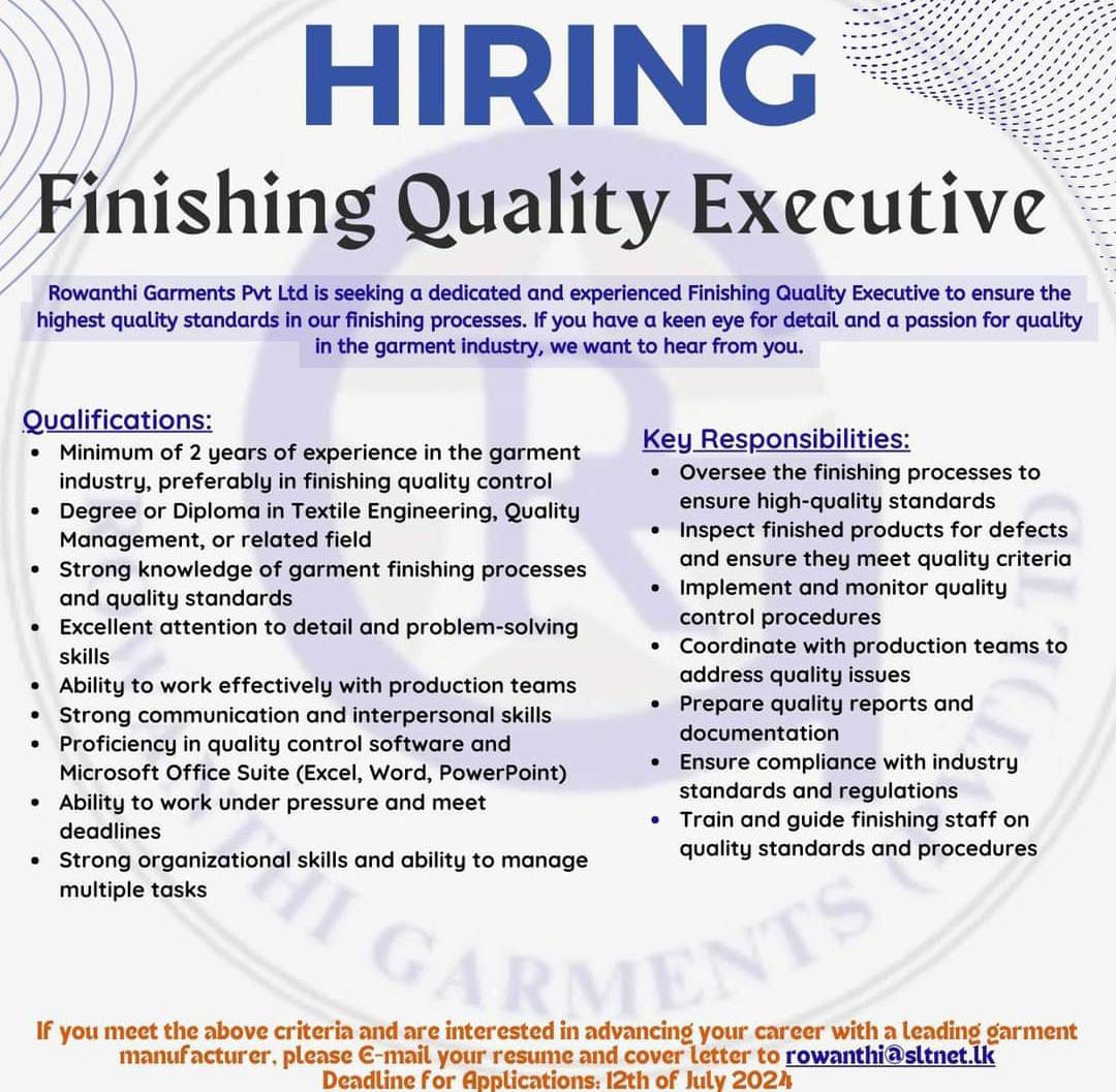 Finishing Quality Executive - Jobseeker.lk