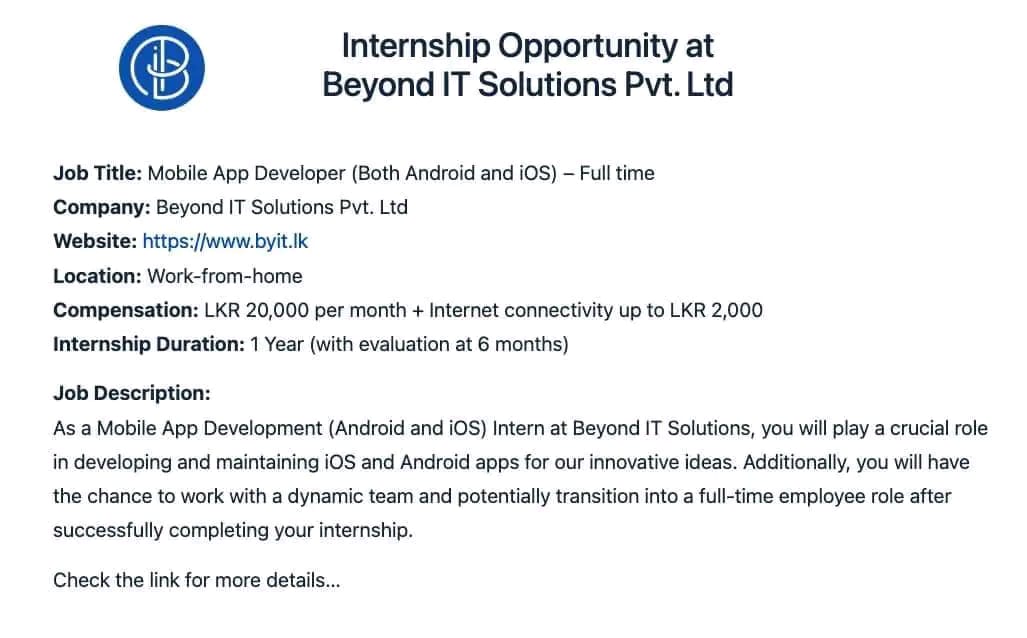 Mobile app developer - internship - Work from home - Jobseeker.lk