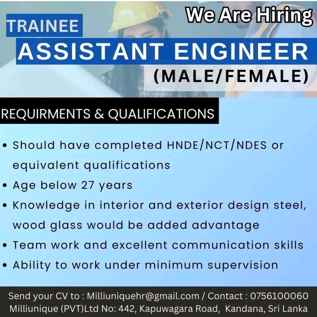 Trainee Assistant Engineer ( Male / Female) - Jobseeker.lk