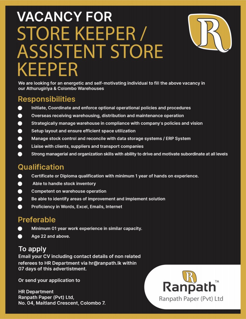 Store keeper / Assistant store keeper - Jobseeker.lk