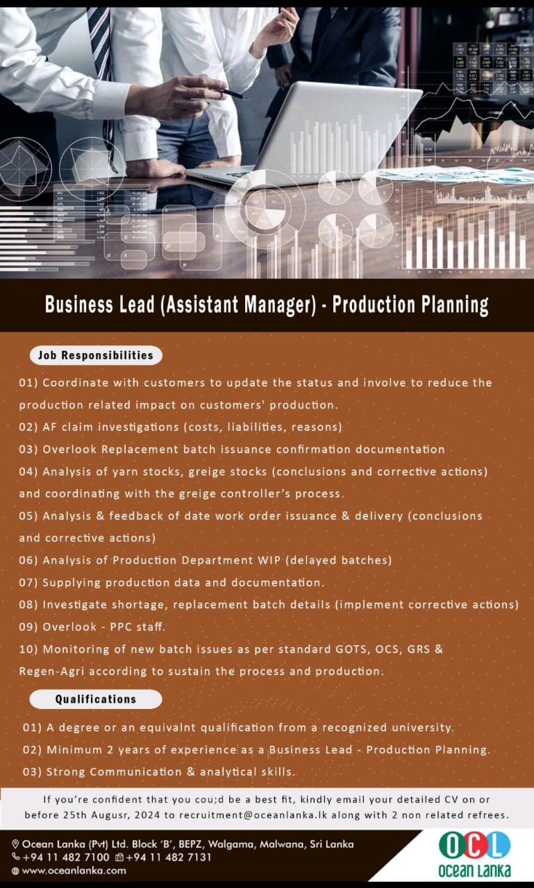 Business Lead ( Assistant manager)- Production Planning - Jobseeker.lk