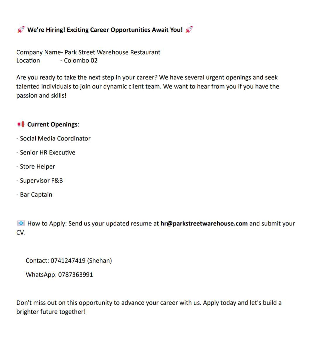 Social Media Coordinator| Senior HR Executive | Store Helper ...
