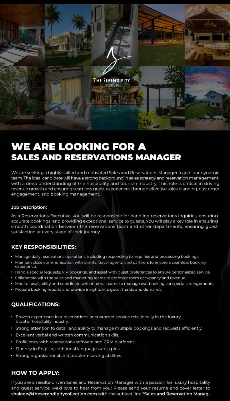 Sales and Reservation Manager - Jobseeker.lk