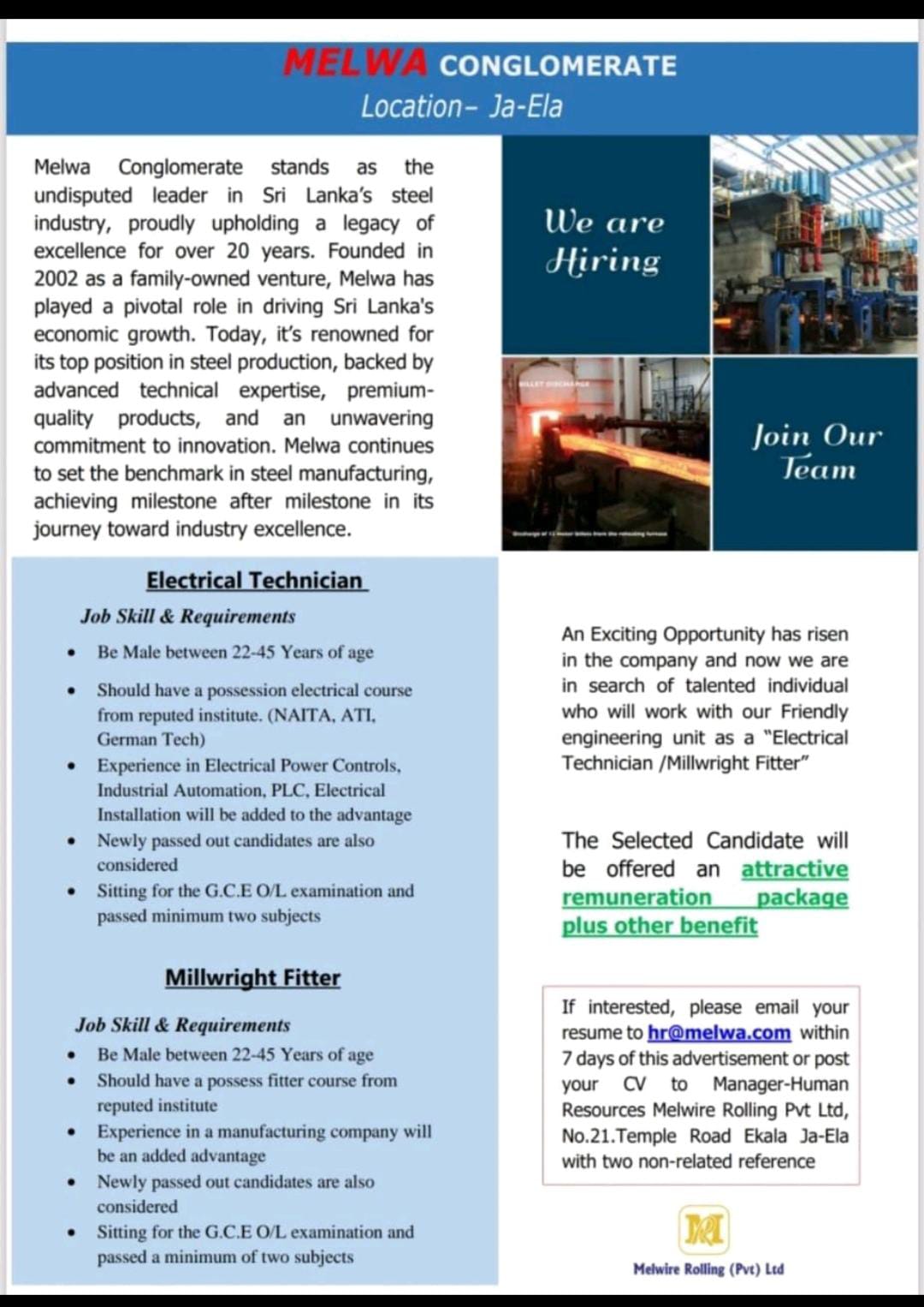 Electrical Technician | Millwright Fitter - Jobseeker.lk