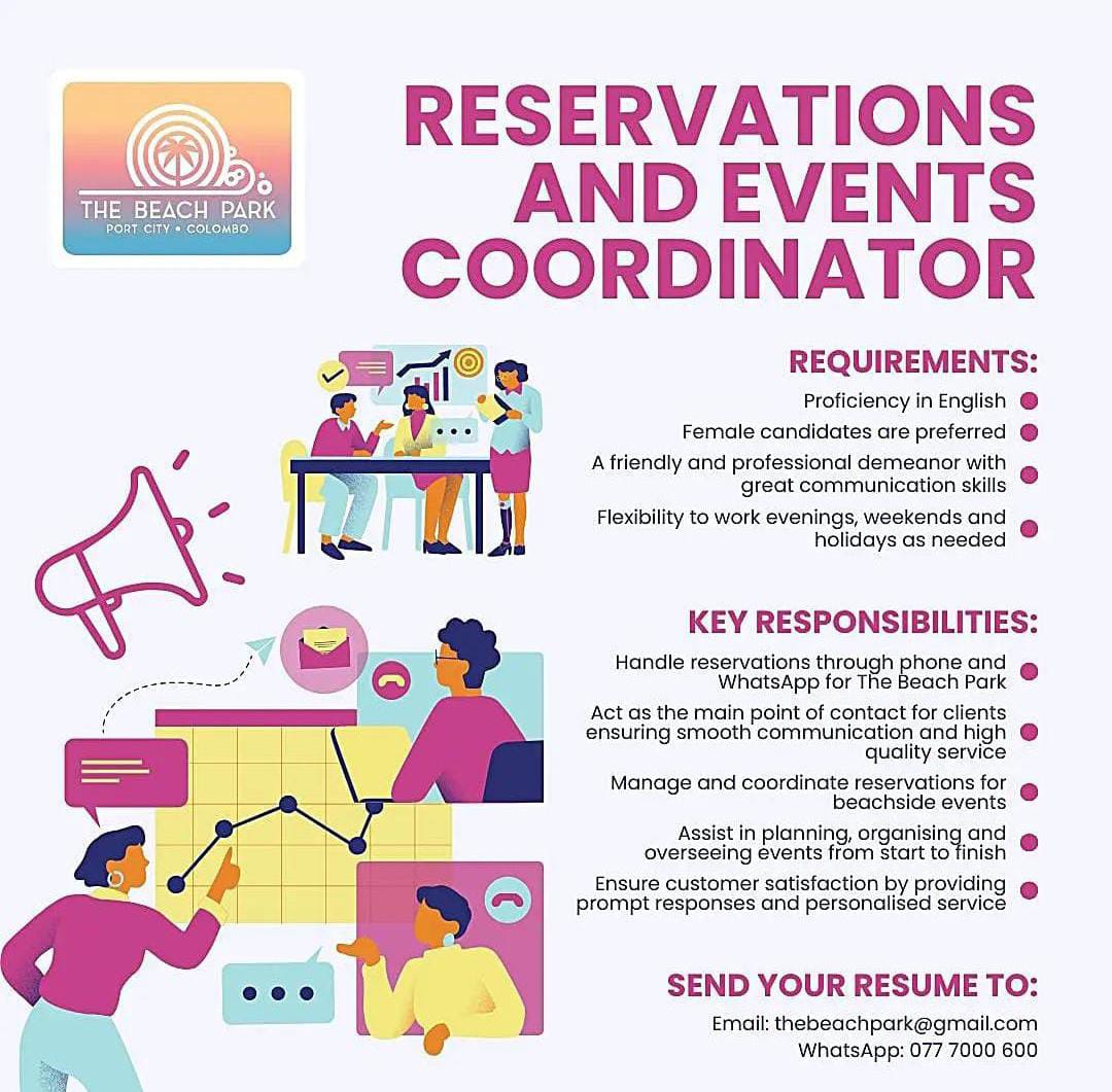 Reservations and Events Coordinator - Jobseeker.lk