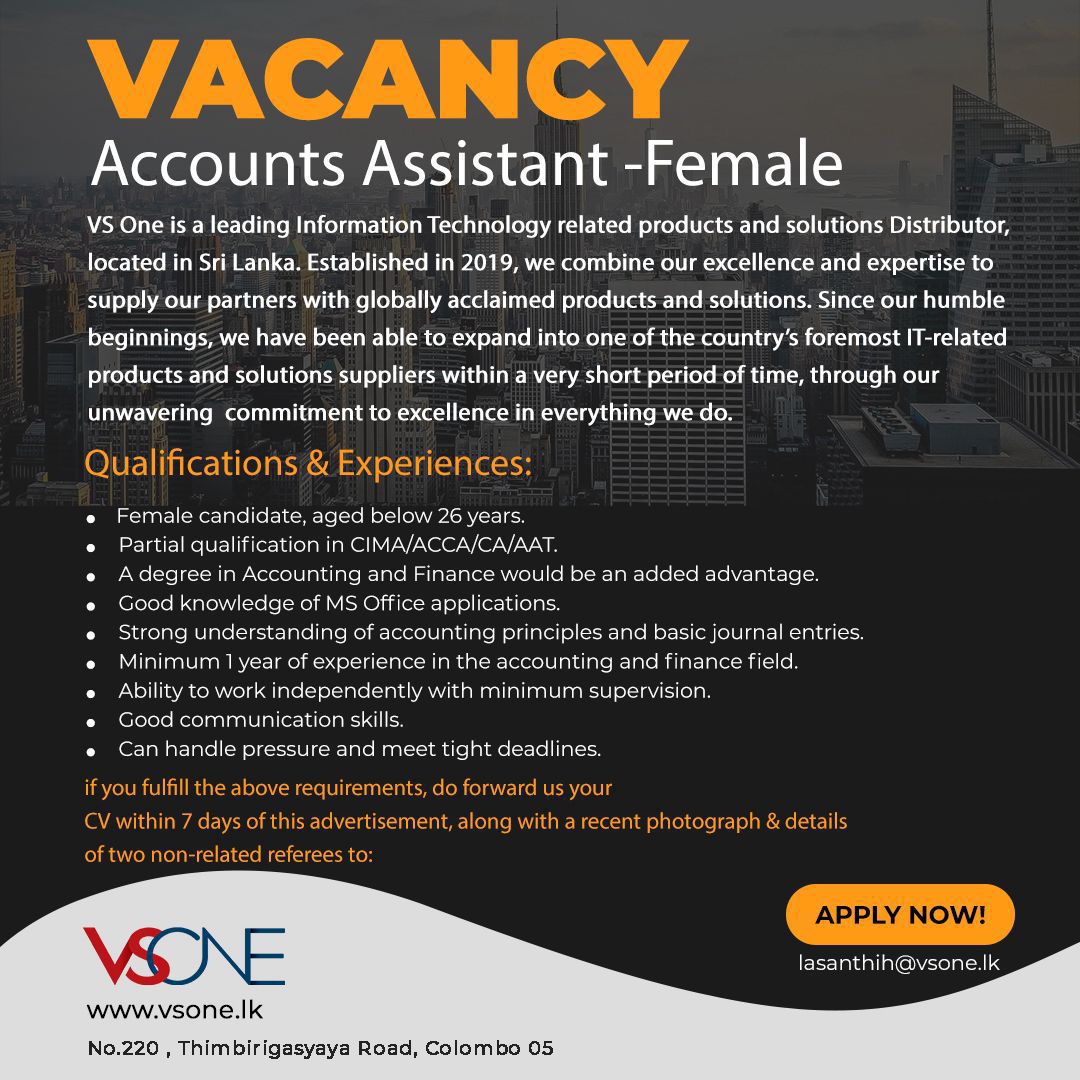 Accounts Assistant Male / Female - Jobseeker.lk