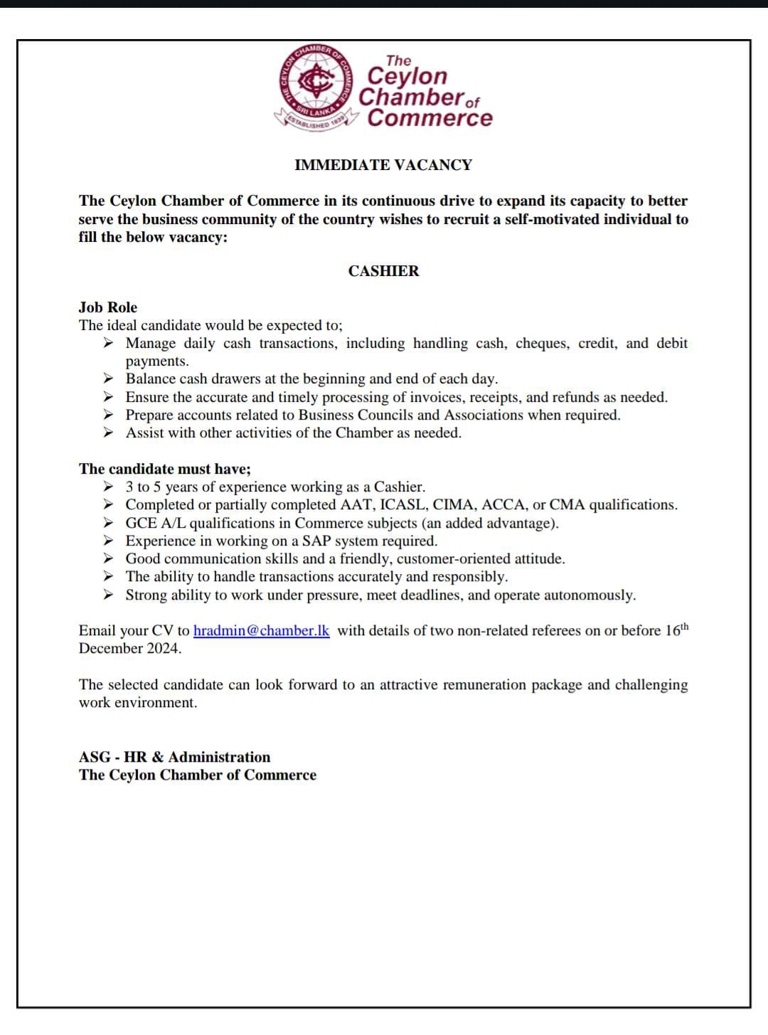 Cashier - Jobseeker.lk
