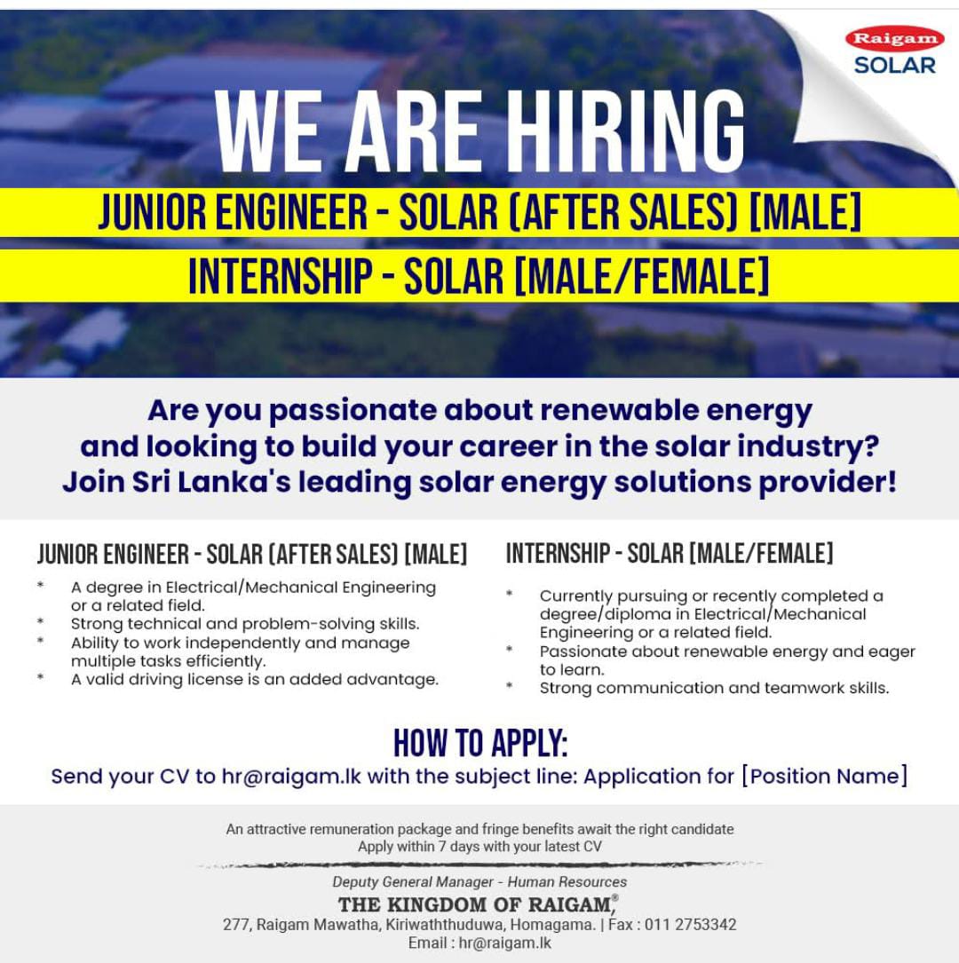 Junior Engineer Solar/ Internship - Jobseeker.lk