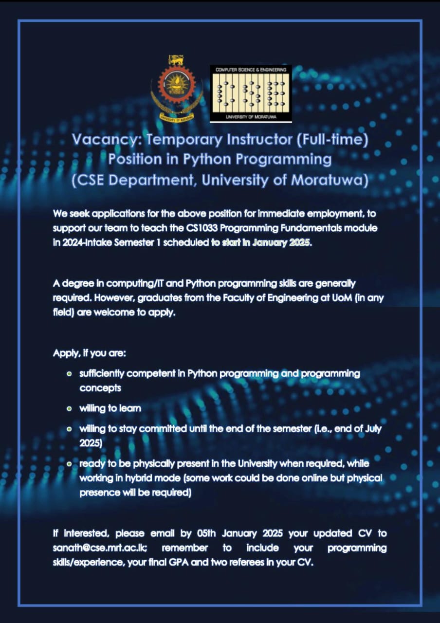 Temporary Instructor Python Programming - Jobseeker.lk