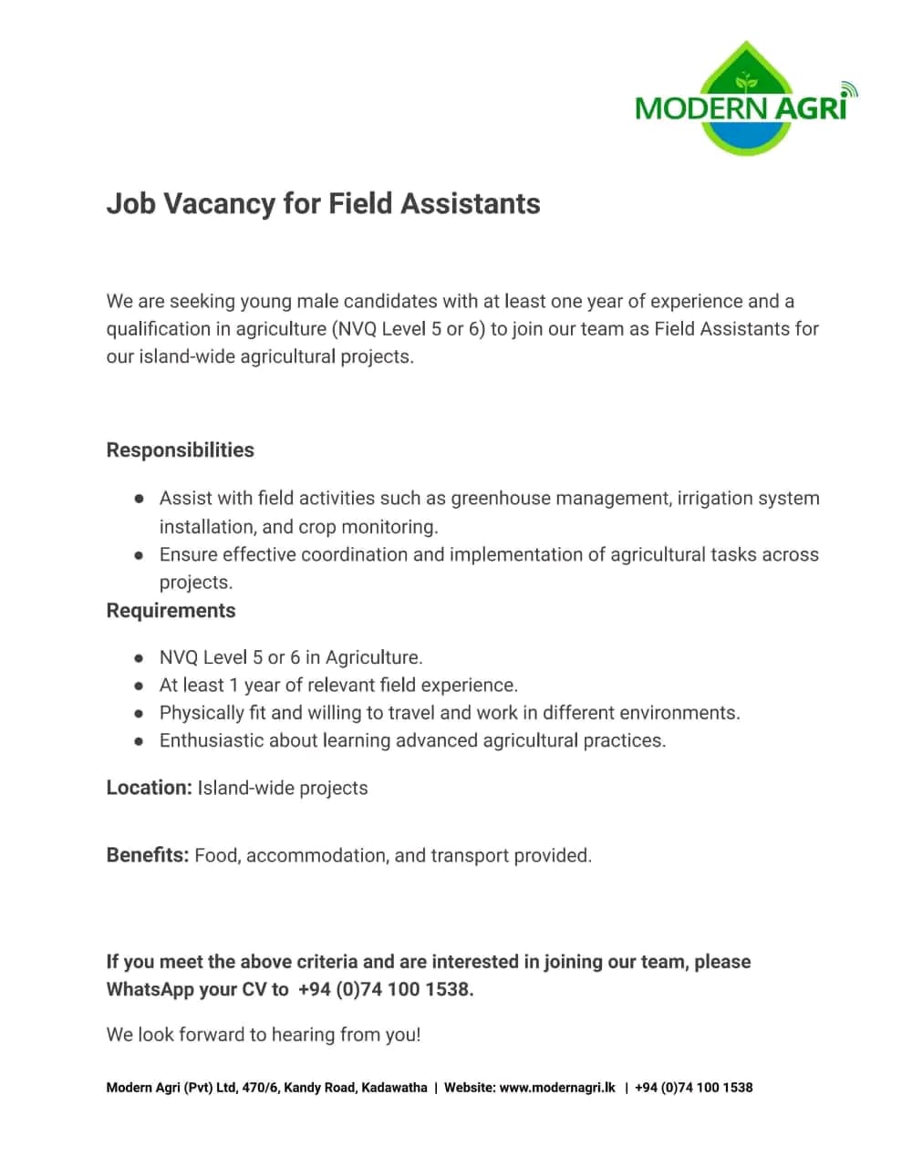 Field Assistant - Jobseeker.lk