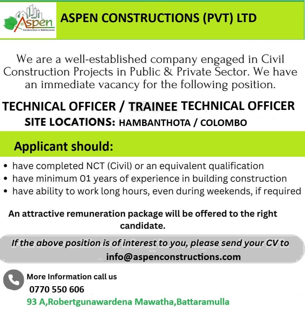 Technical Officer Trainee Technical Officer Civil Jobseeker Lk