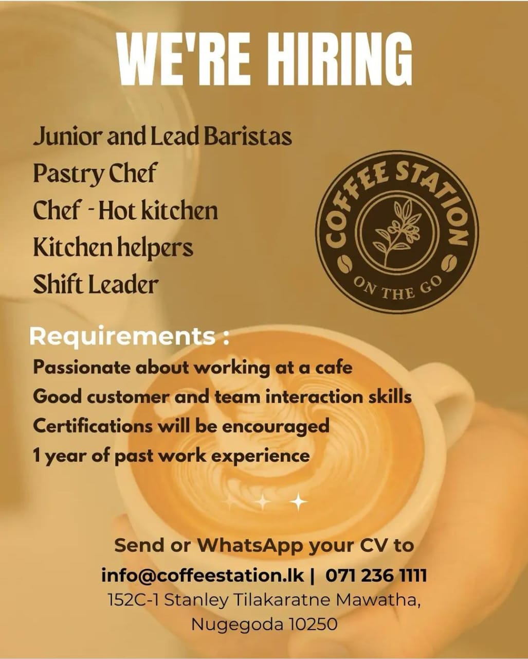 Barista / Pastry Chef/ kitchen Helper/ Shift Leader - Jobseeker.lk