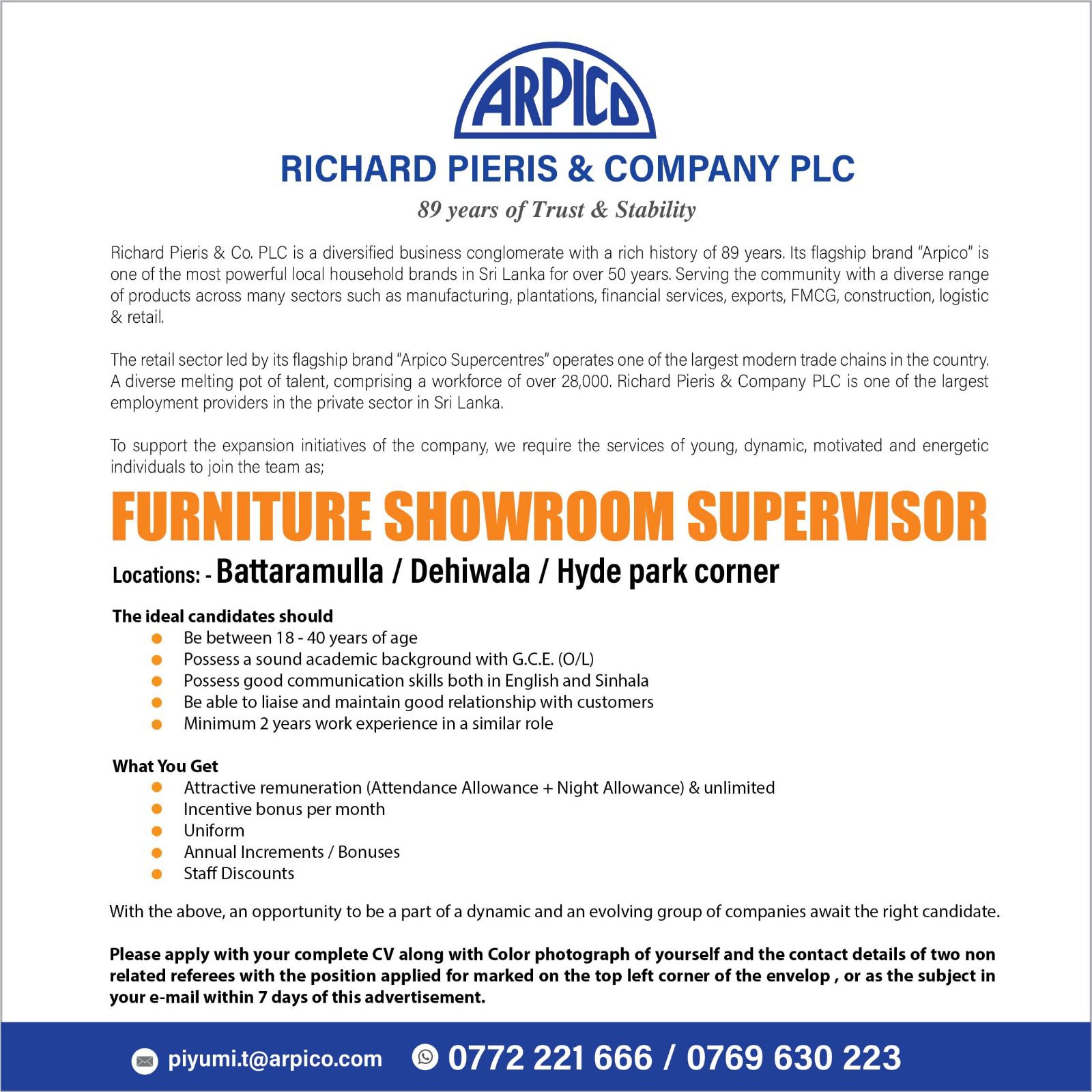 Furniture Showroom Supervisor - Jobseeker.lk