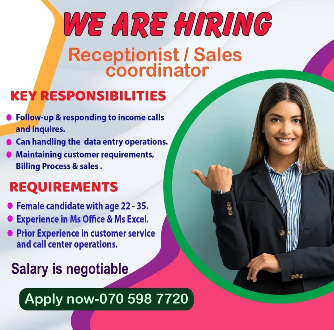 Receptionist/ Sales Coordinator - Jobseeker.lk