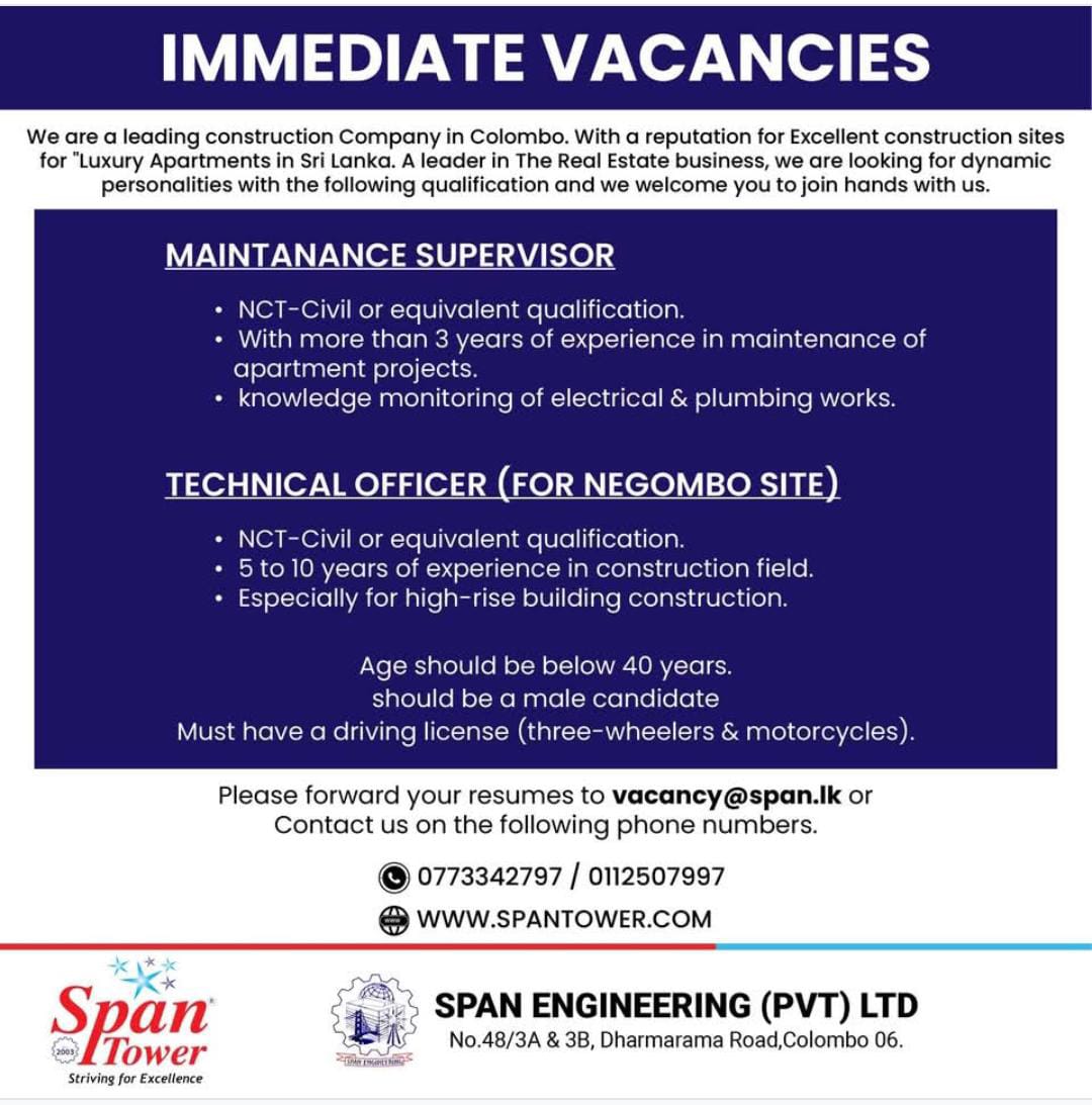 Maintenance Supervisor Civil / Technical Officer Civil - Jobseeker.lk