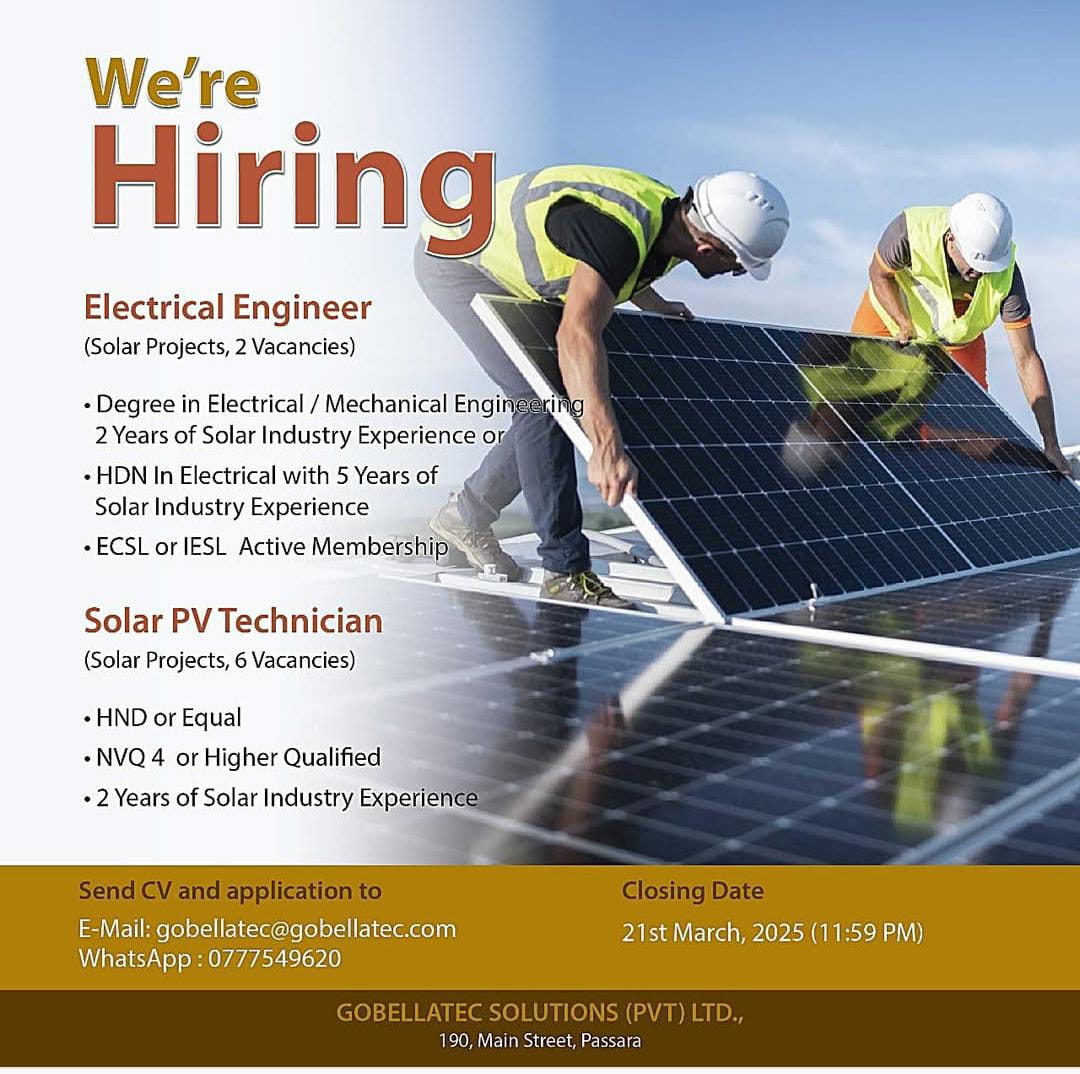 Electrical /Mechanical Engineer / Solar PV Technician - Jobseeker.lk
