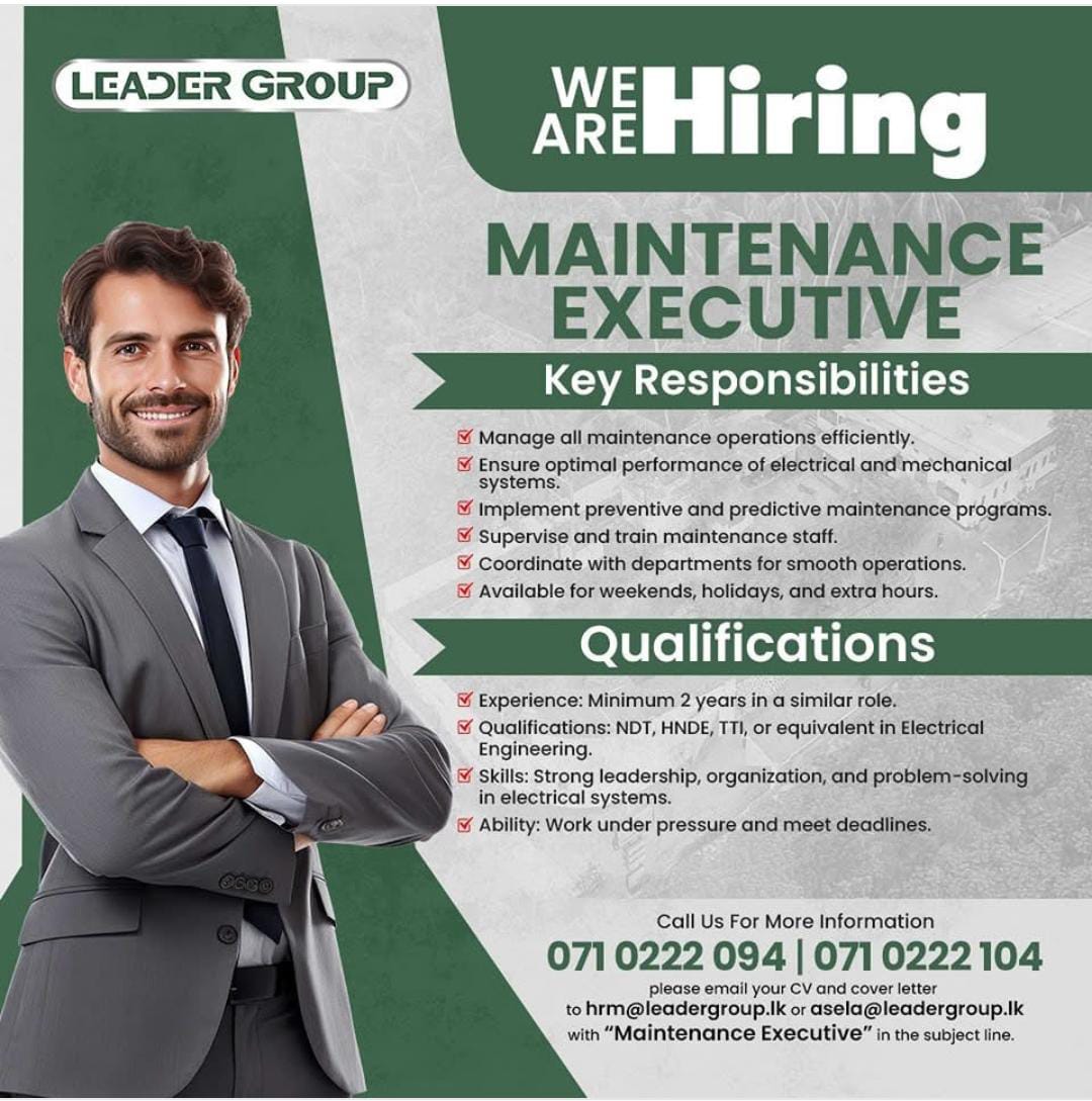Maintenance Executive Electrical Engineering - Jobseeker.lk
