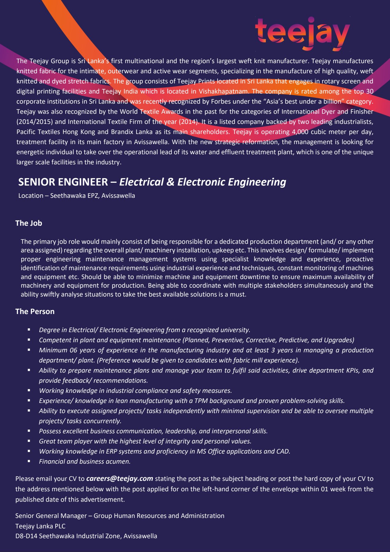 Senior Engineer Electrical And Electronics Engineering Jobseeker Lk