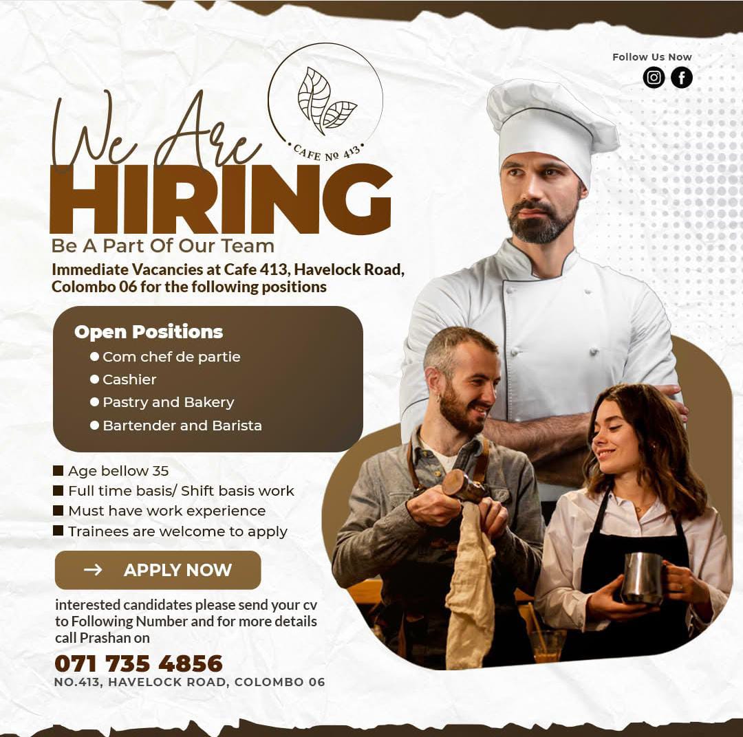 Chef /Cashier / Pastry And Bakery / Bartender and Barista - Jobseeker.lk