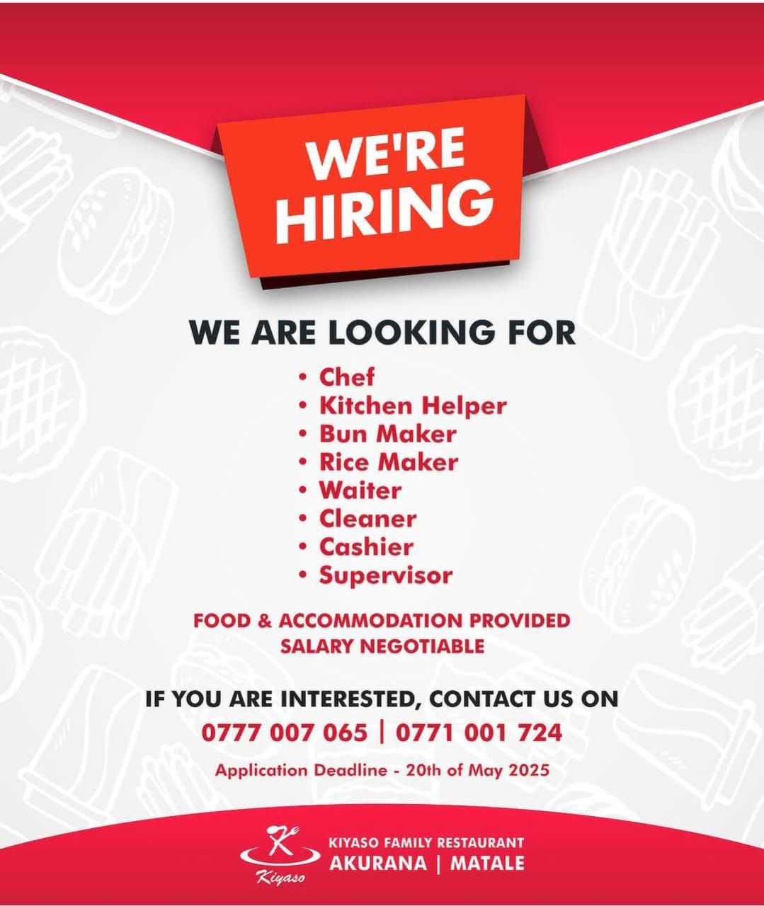 Chef / Kitchen Helper/ Waiter / Cleaner /Cashier/ Supervisor - Jobseeker.lk