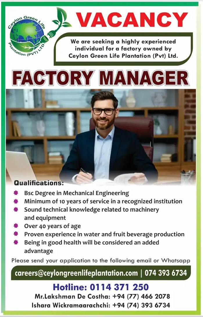 Factory Manager - Mechanical Engineering - Jobseeker.lk