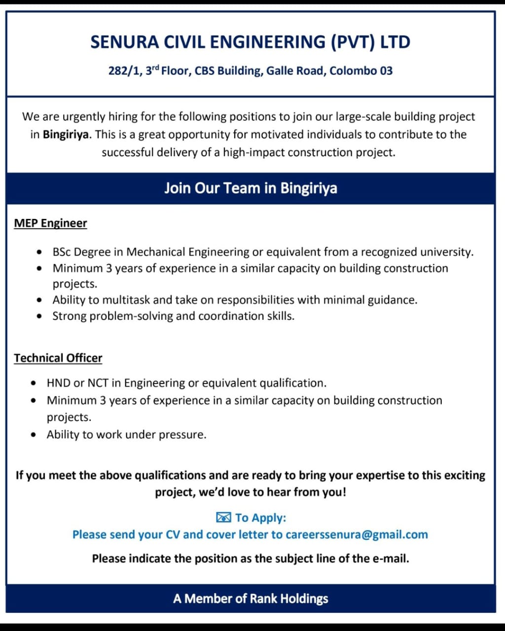 MEP Engineer / Technical Officer - Jobseeker.lk