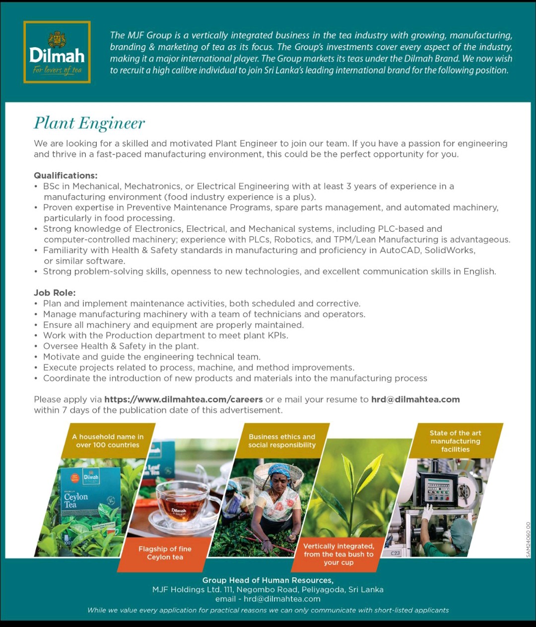 Plant Engineer - Jobseeker.lk