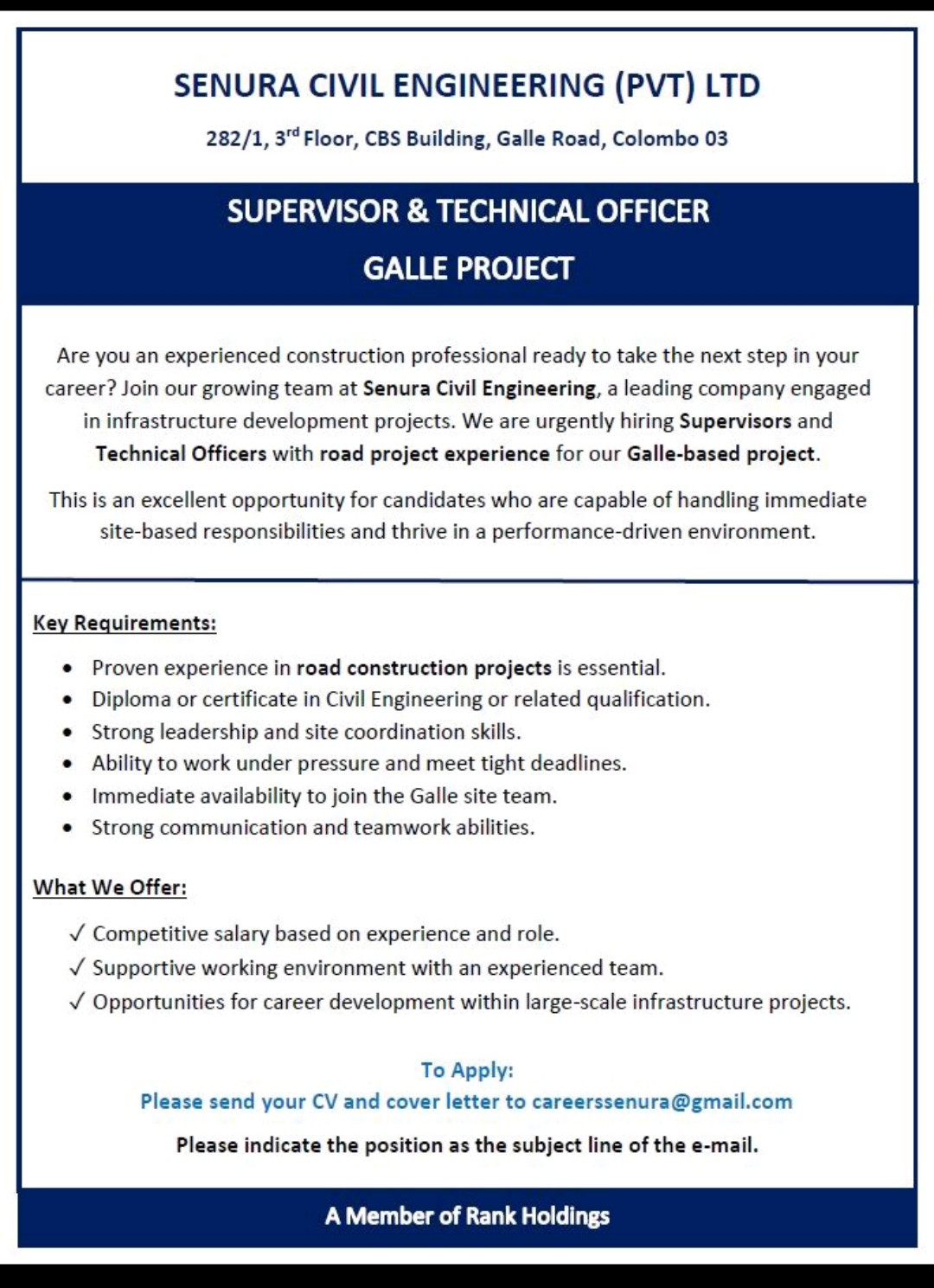Technical Officer/ Supervisor - Jobseeker.lk