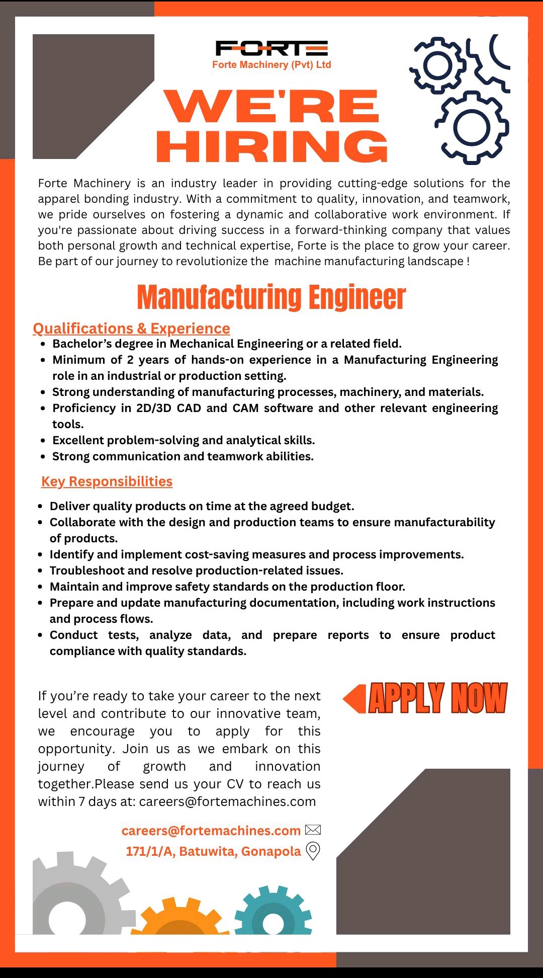Manufacturing Engineer - Jobseeker.lk