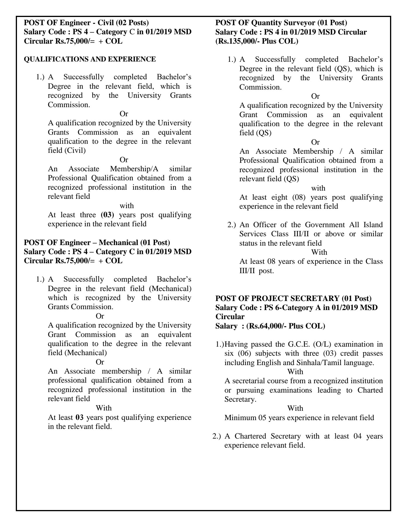 Engineer / Quantity Surveyor/ Secretary/ Engineering Assistant/ Accounts - Jobseeker.lk