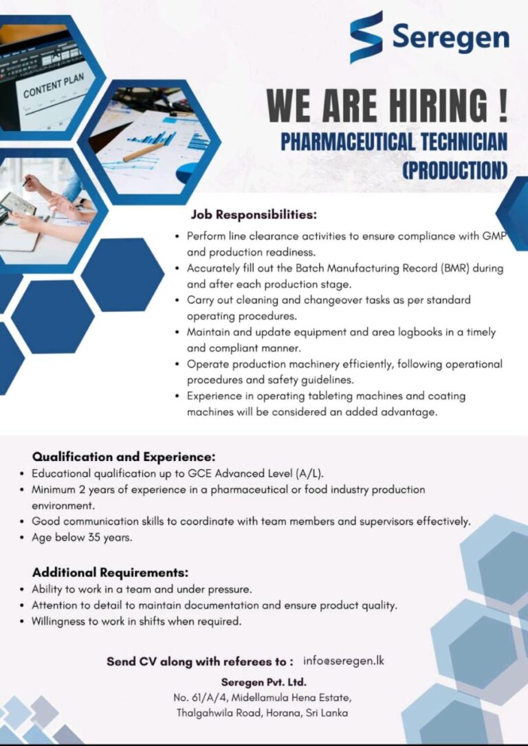 Stores Assistant / Pharmaceutical Technician/ Internship Production ...