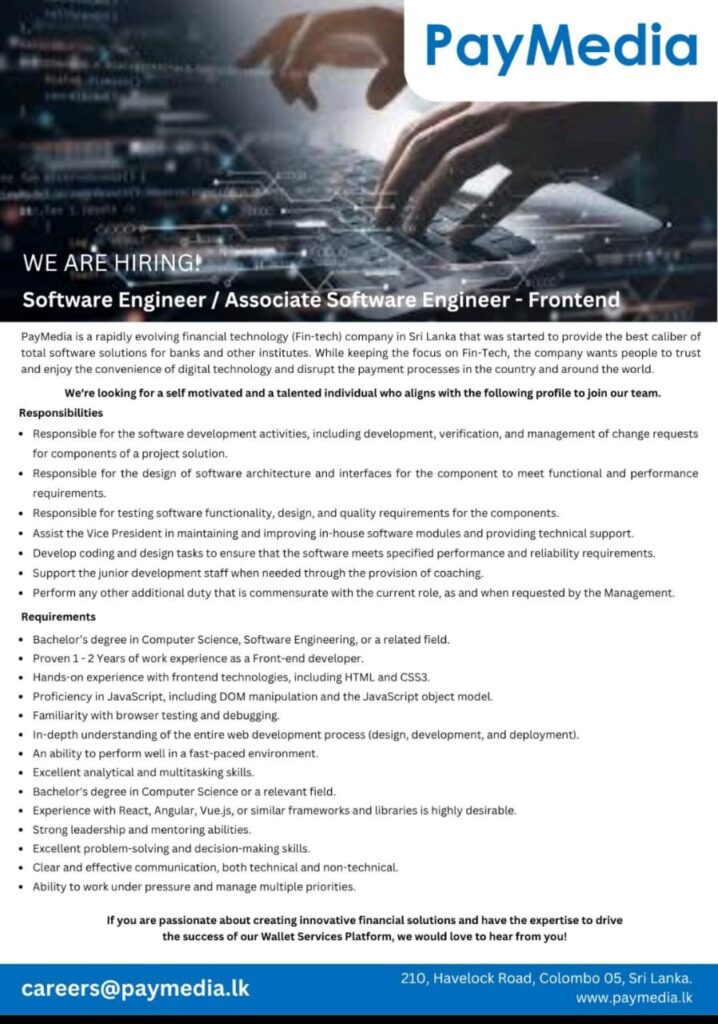 Software Engineer/ Associate Software Engineer - Frontend - Jobseeker.lk