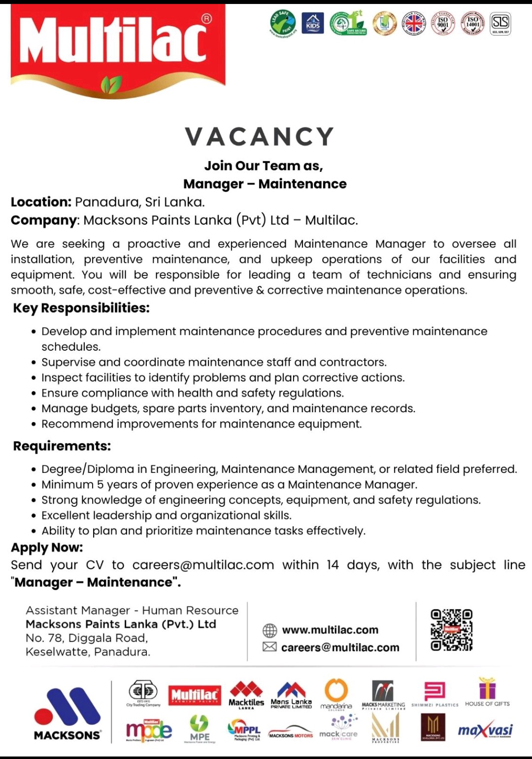 Manager - Maintenance - Jobseeker.lk