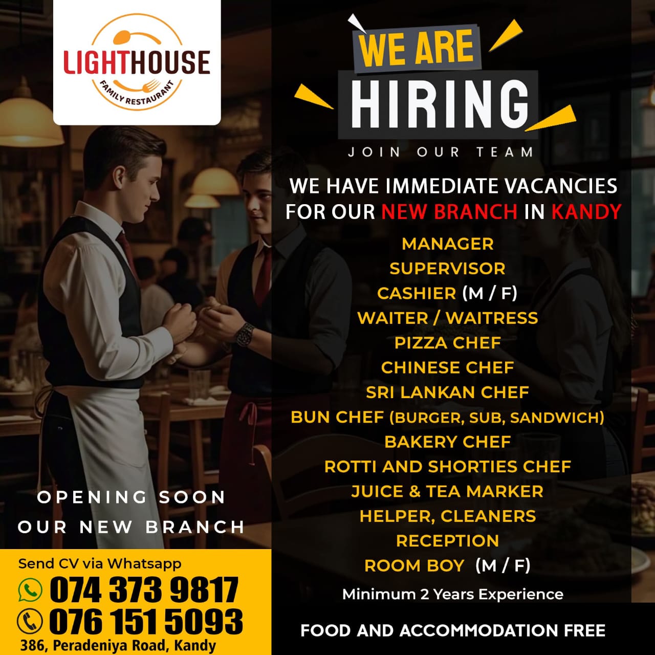 Manager/ Chef / Waiter/ Supervisor/ Helper / Receptionist - Jobseeker.lk