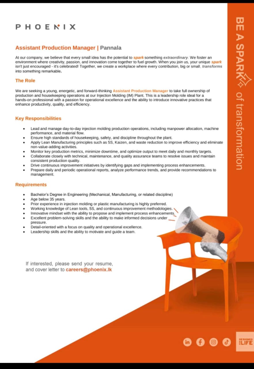 Assistant Production Manager- Injection Molding - Jobseeker.lk
