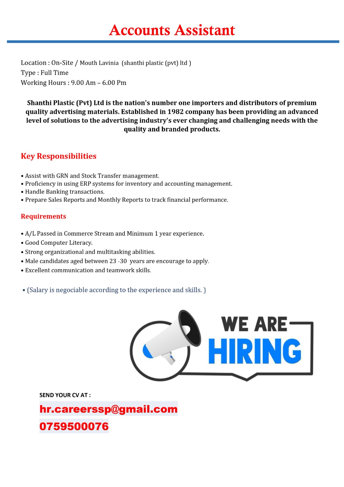 Accounts Assistant - Jobseeker.lk