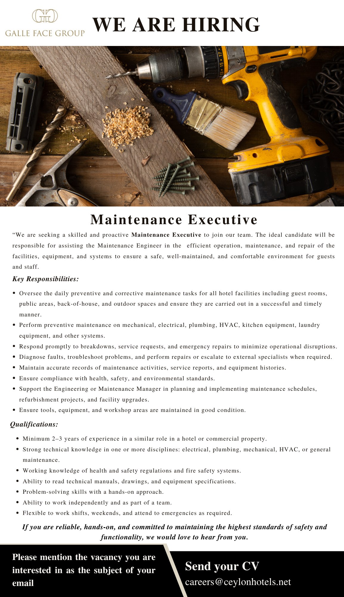 Maintenance Executive/ Assistant Engineer - Jobseeker.lk