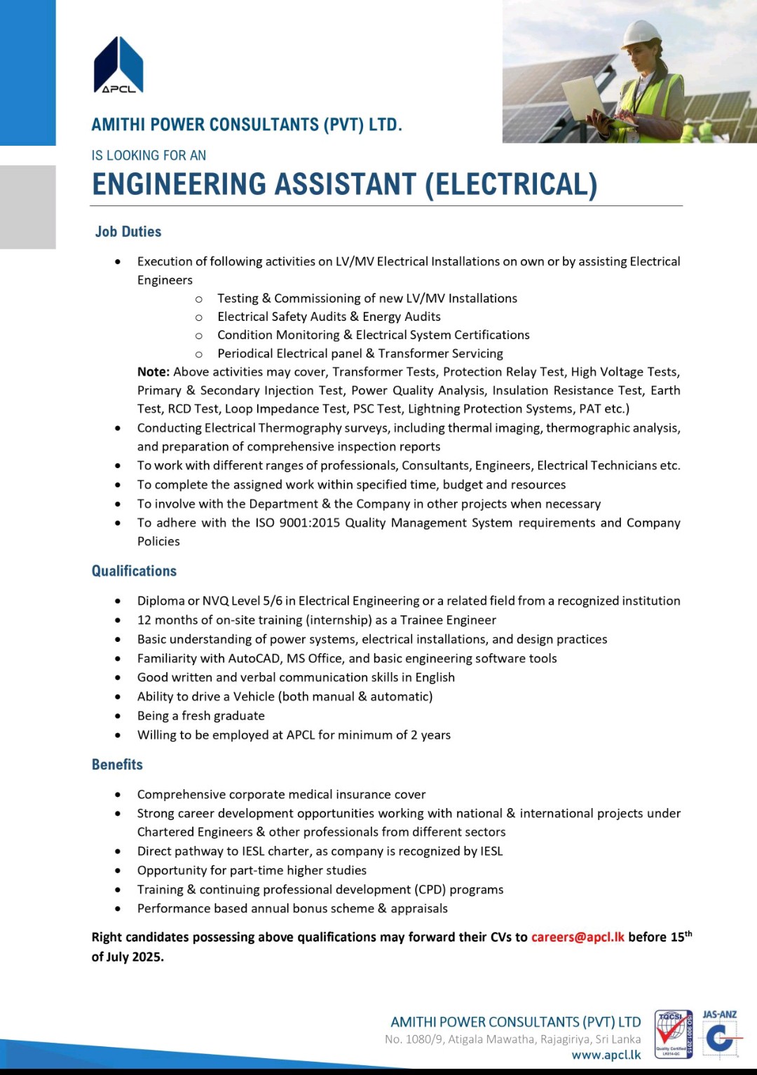 Engineering Assistant - Electrical - Jobseeker.lk