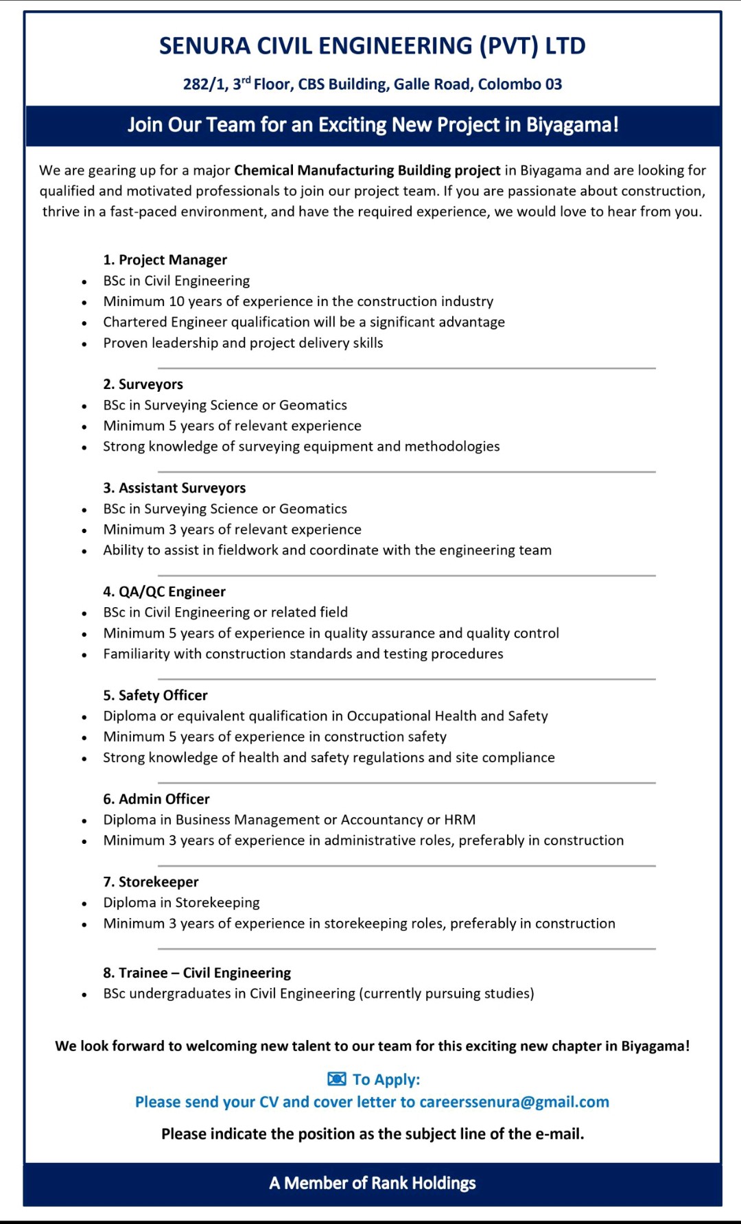 Project Manager / QA QC Engineer/ Surveyor/ Safety Officer/Admin /Store Keeper/ Trainee ...