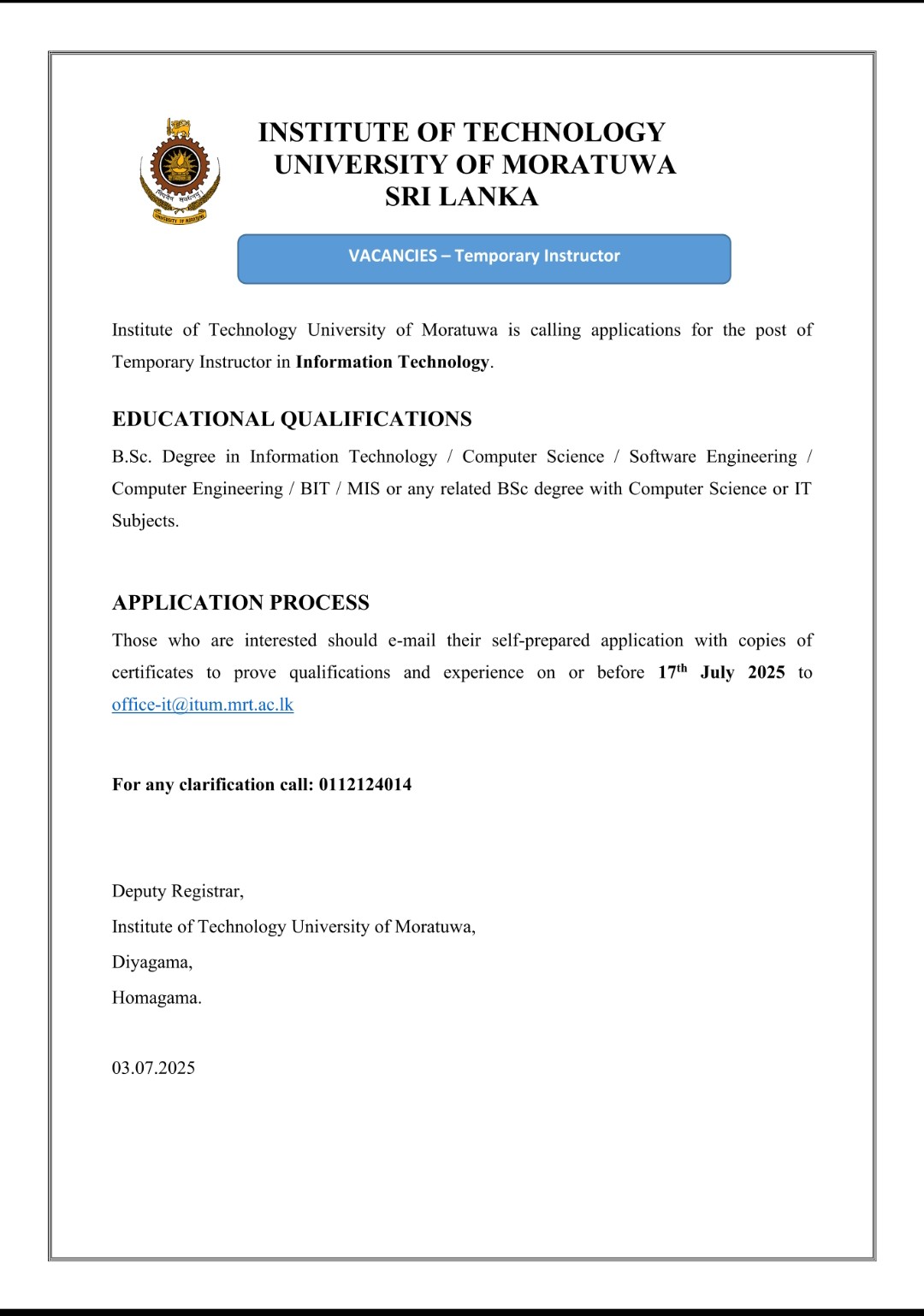 Temporary Instructor Information Technology - Jobseeker.lk