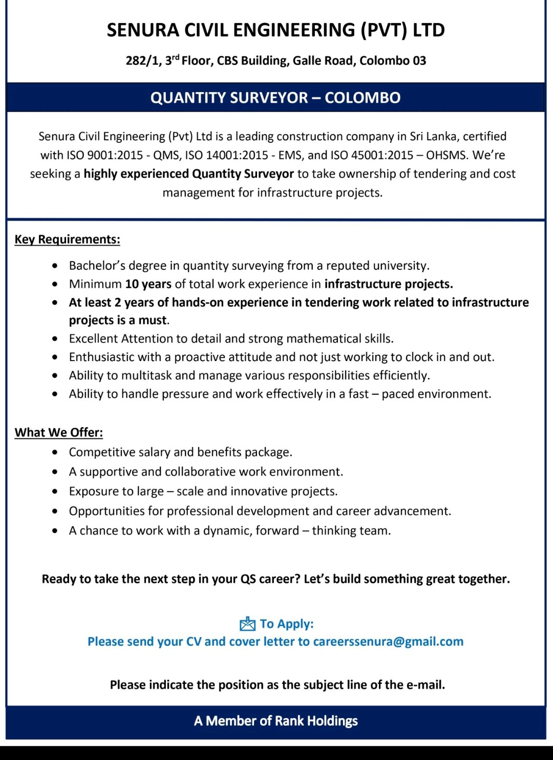 Quantity Surveyor (Infrastructure Projects) - Jobseeker.lk