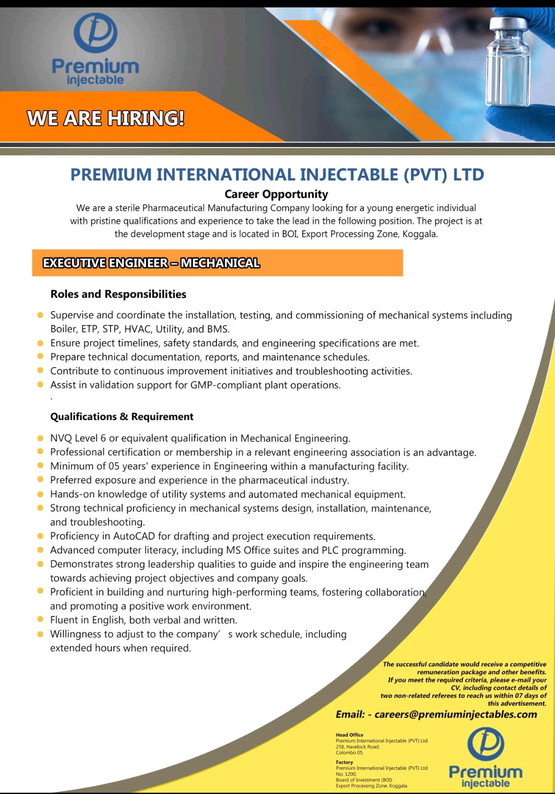 Executive Engineer - Mechanical - Jobseeker.lk