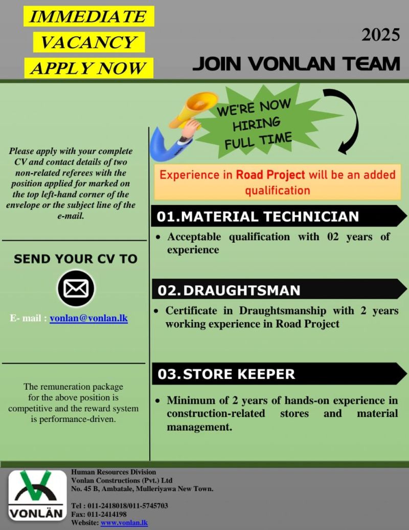 Material Technician/ Draughtsman/ Store Keeper - Jobseeker.lk
