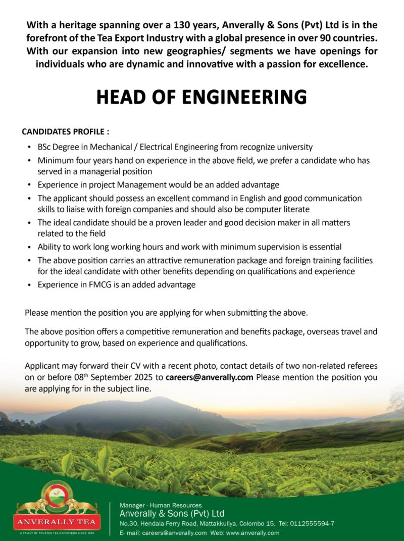 Head Of Engineering - Jobseeker.lk